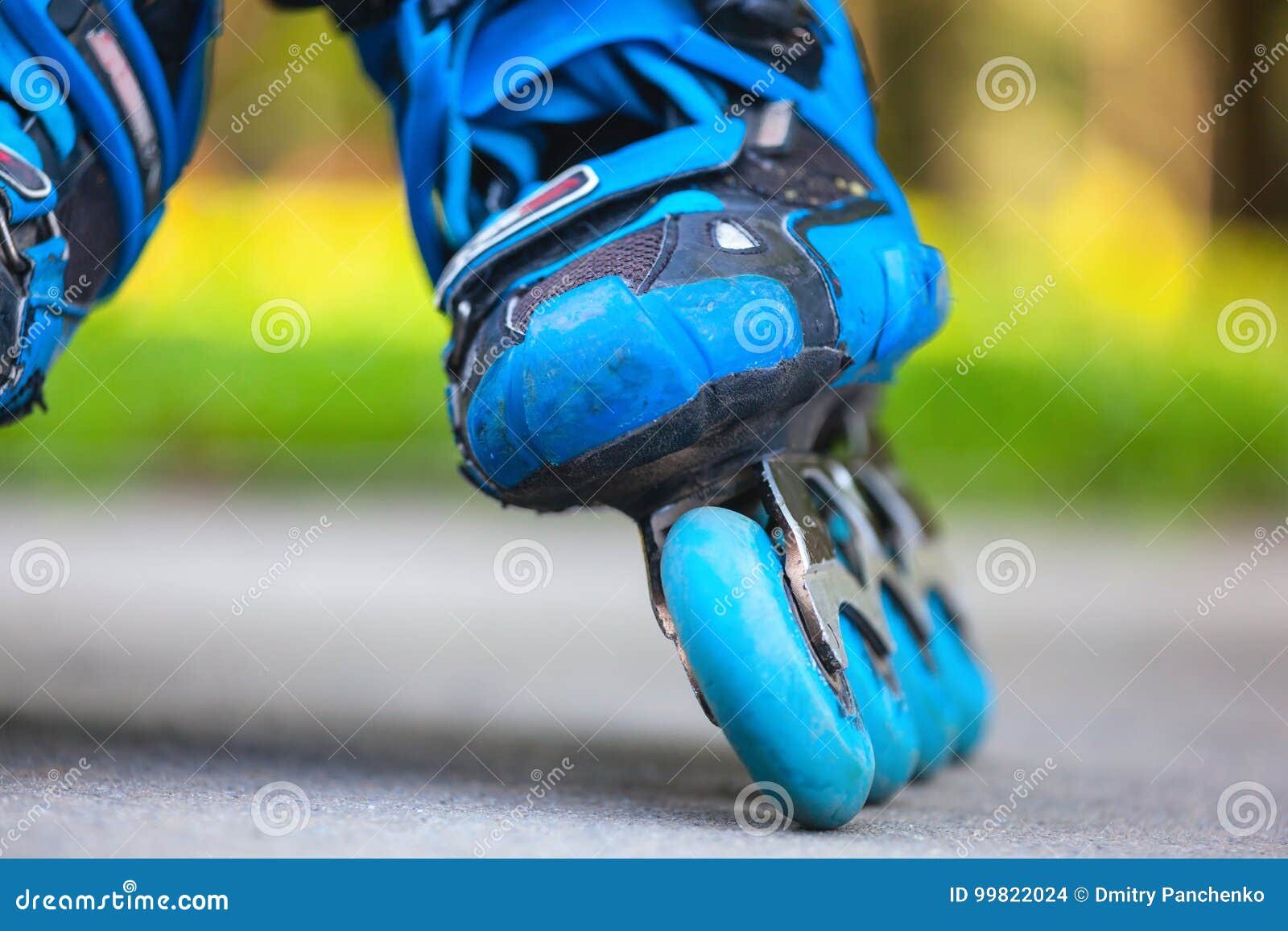 Closeup of Inline Roller Skate Blue Wheels. Stock Photo - Image of ...