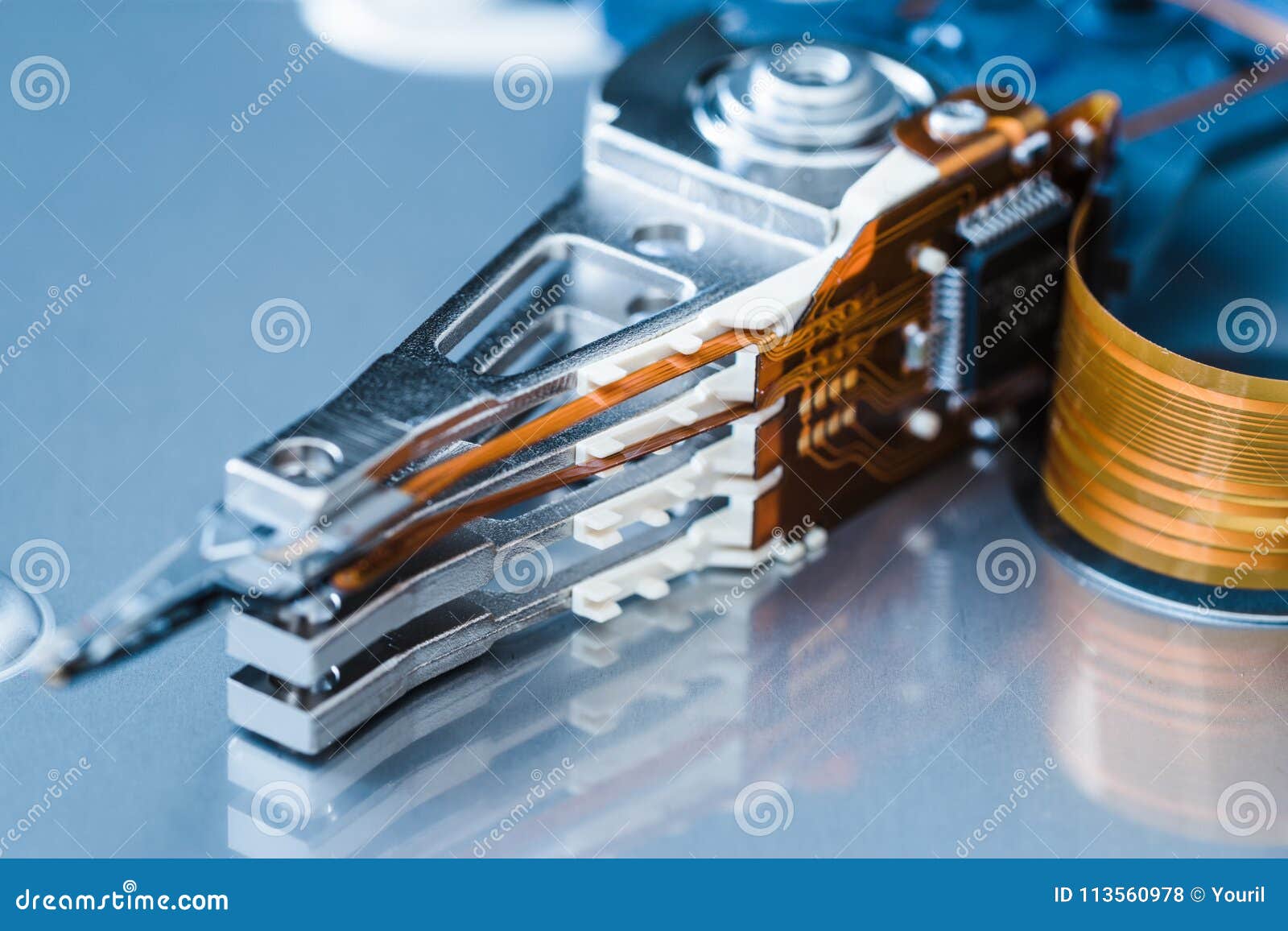 Closeup Inside the Hard Drive, Read Write Head, Platter, Spindle Stock ...