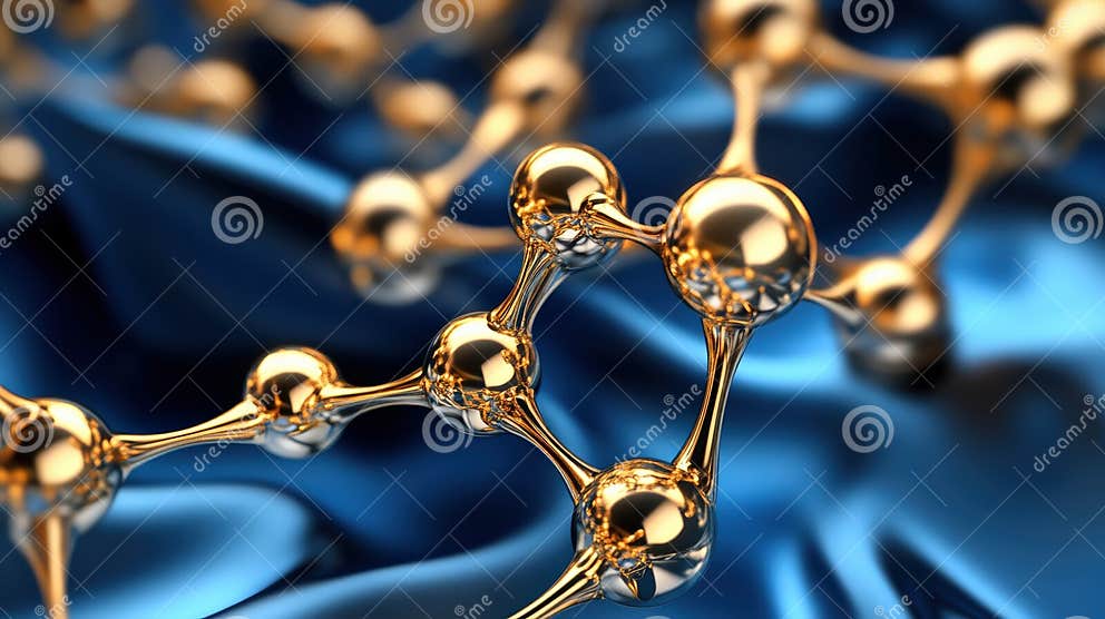 Closeup of Interconnected Golden Molecules on a Blue Satin Background ...