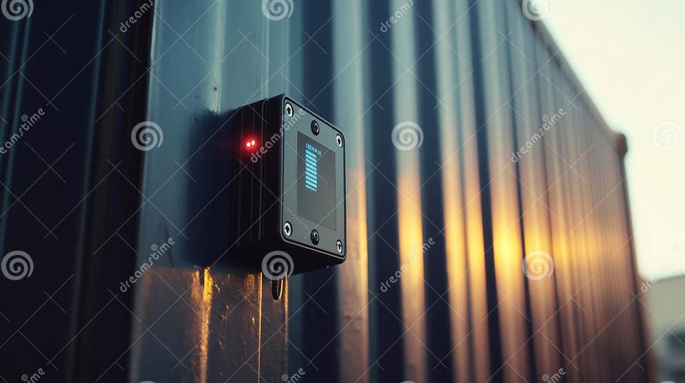 A Closeup of a Labeled Shipping Container with a Hightech Tracking Device Affixed Featuring ...