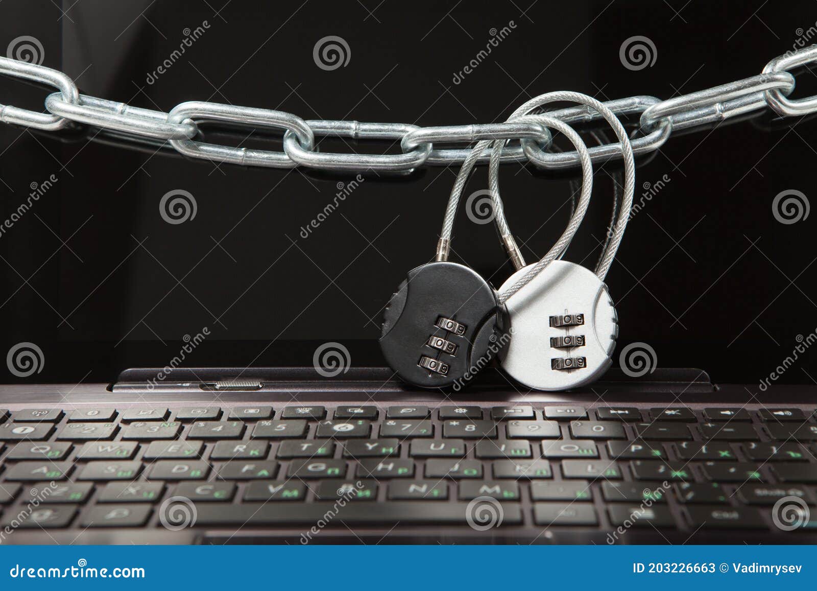 Closeup of Laptop with Chains and Locks. Information Security Concept ...