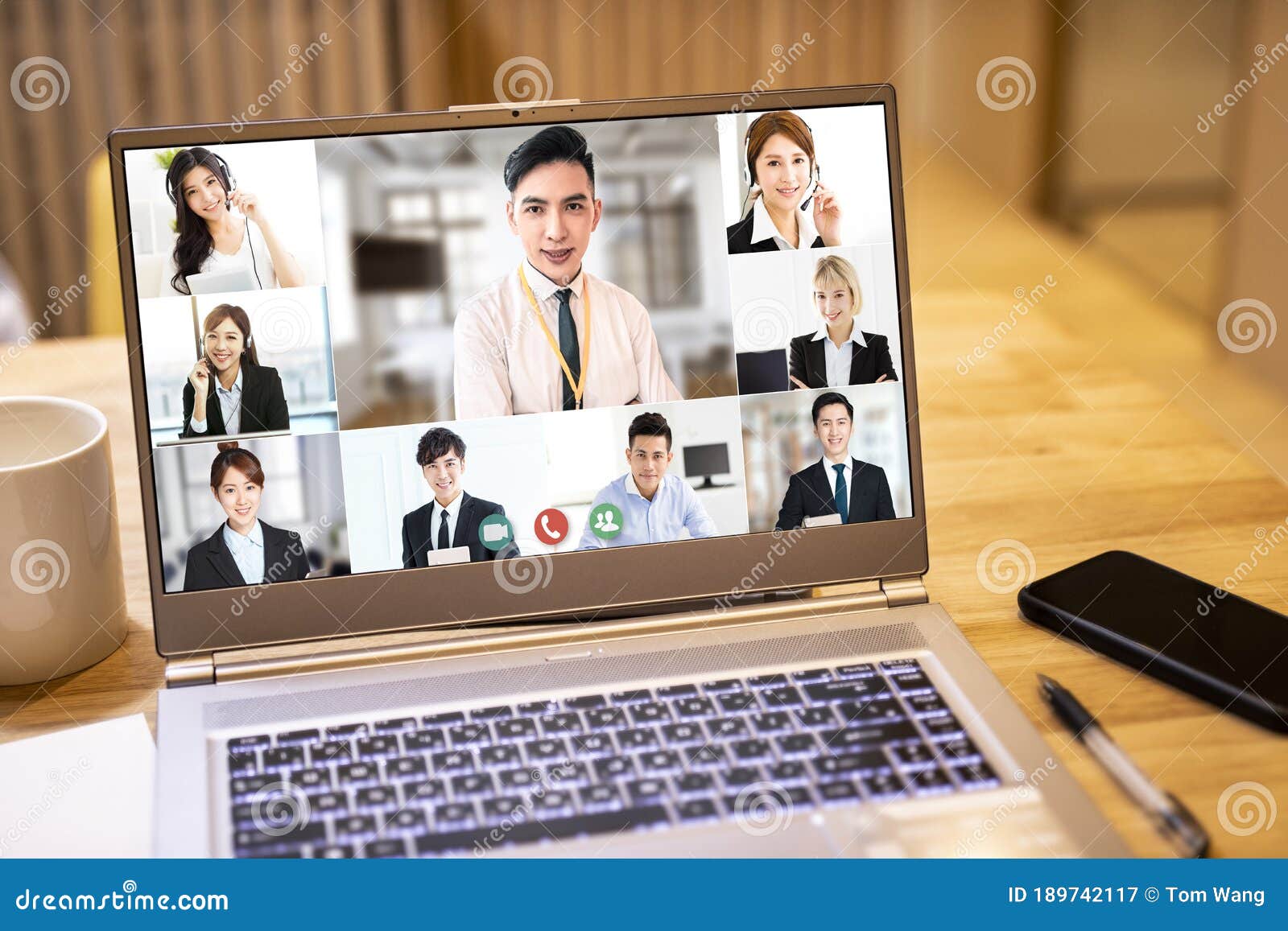 Closeup Laptop Computer Screen with Business Group Video Conference ...