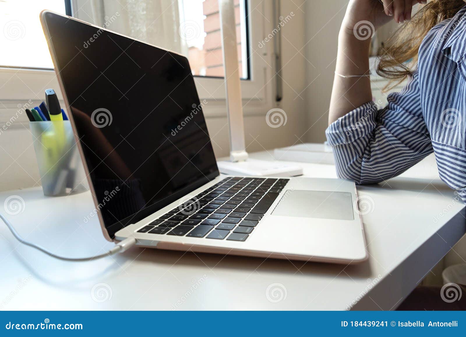 Closeup of a Laptop on a Desktop at Home Stock Image - Image of table ...