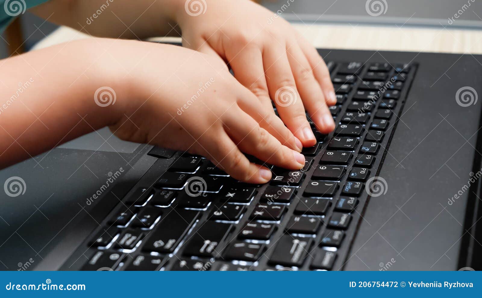 Closeup of Little Boy Typing and Pressing Buttons on Laptop Keyboard ...