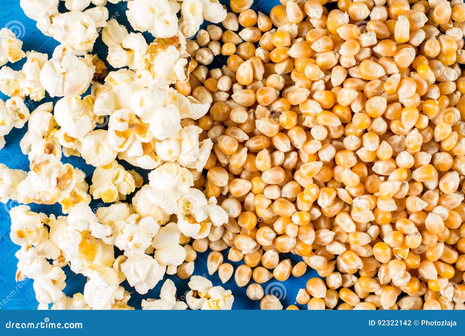 Closeup Macro Above Flat Lay Raw and Fresh Popcorns on the Blue ...