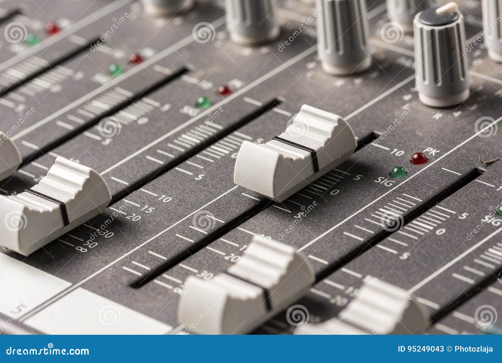 Closeup Macro Audio Mixing Console Knobs and Sliders. Stock Image ...