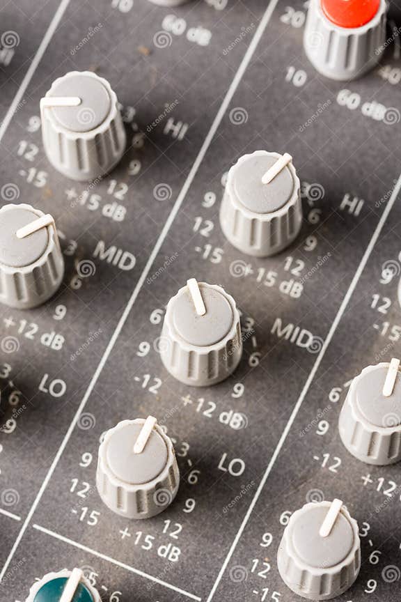 Closeup Macro Audio Mixing Console Knobs and Sliders. Stock Image ...