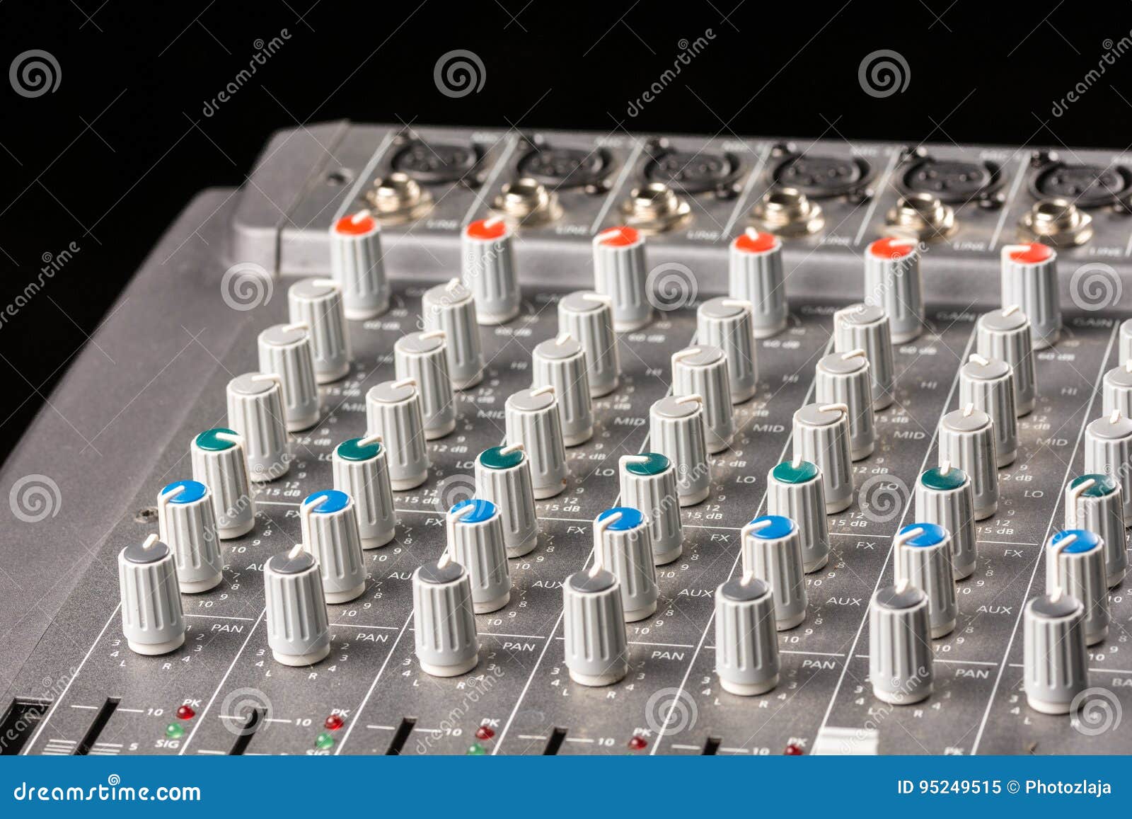 Closeup Macro Audio Mixing Console Knobs and Sliders. Stock Image ...