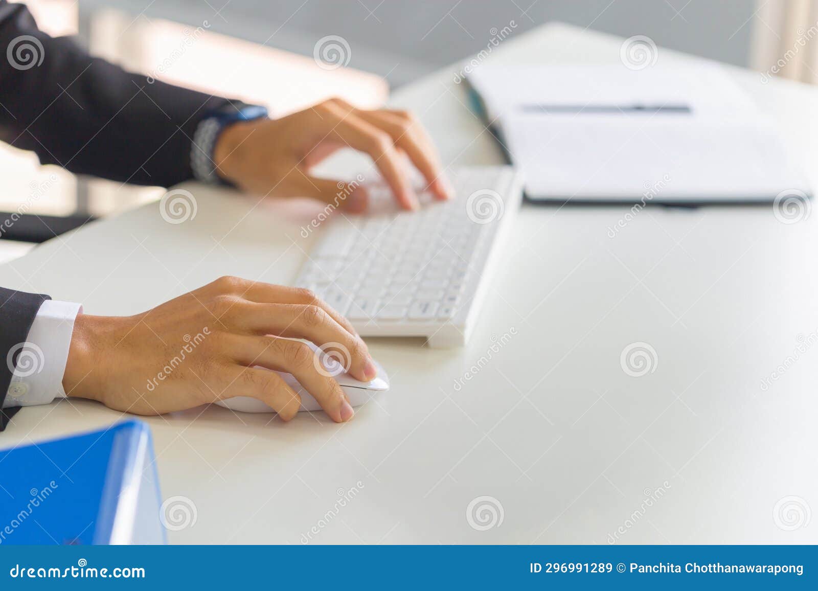 Closeup of Male Hand Clicking Wireless Digital Mouse Working with ...