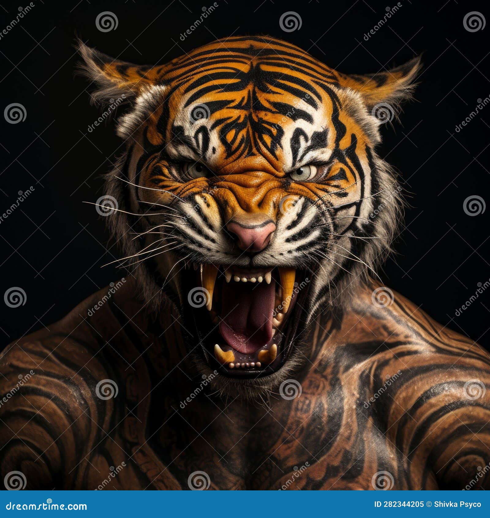 Closeup of Man As Angry Tiger Face Roaring on Black Background Stock ...