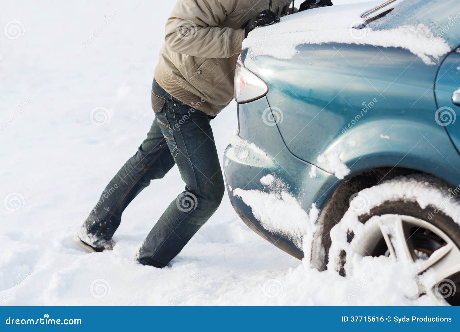 Closeup of Man Pushing Car Stuck in Snow Stock Photo - Image of pushing ...