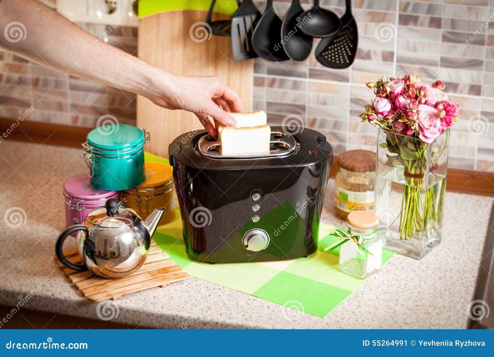 Closeup of Man Putting Bread in Toaster at Kitchen Stock Image - Image ...