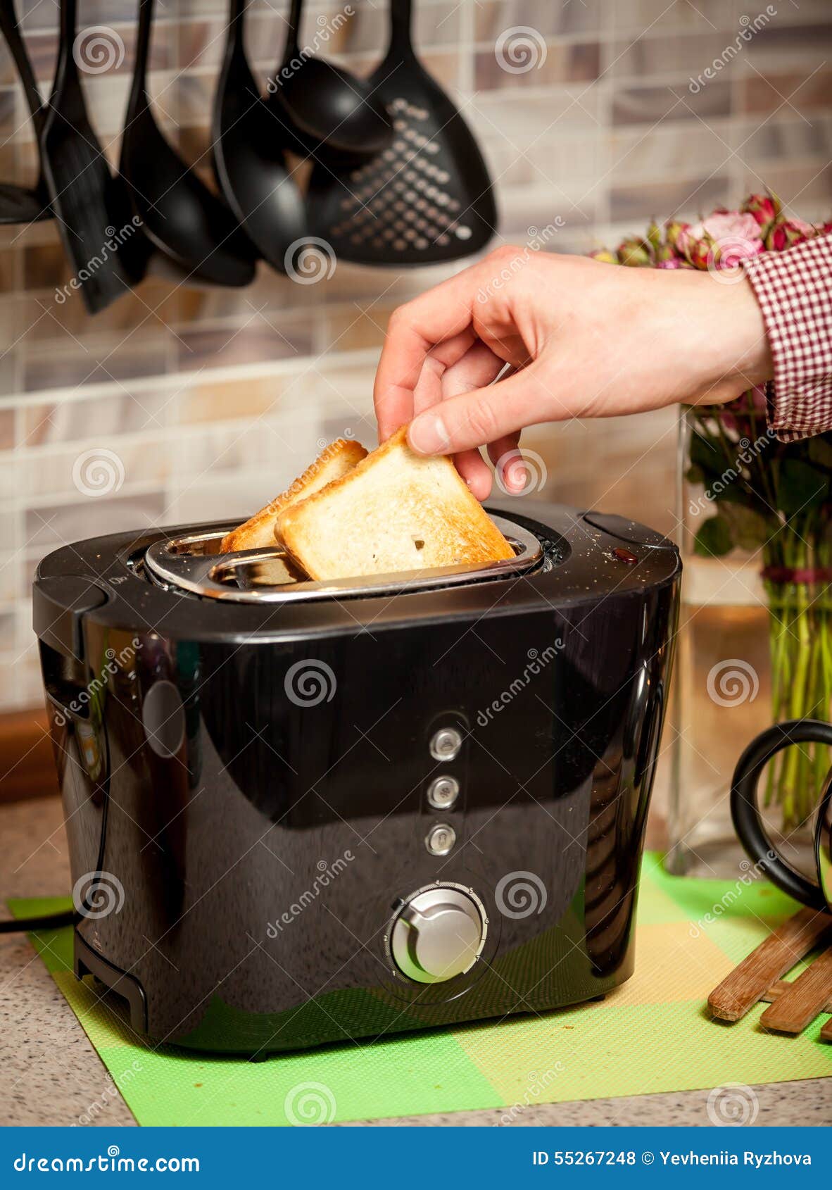 Closeup of Man Putting White Bead Slices in Toaster Stock Photo - Image ...