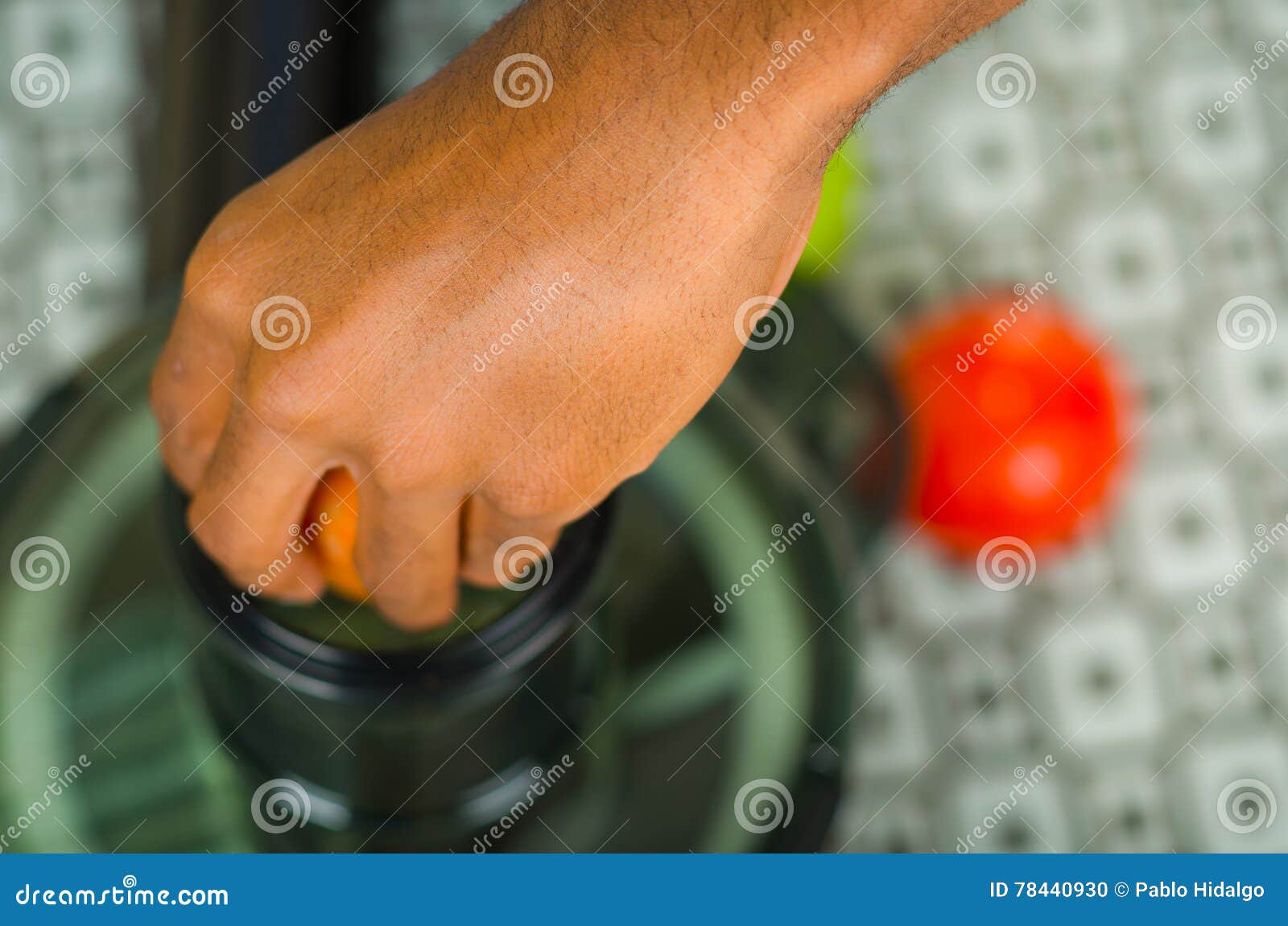 Closeup Man S Hands Using Juice Maker Inserting Carrot Into Machine Healthy Lifestyle Concept
