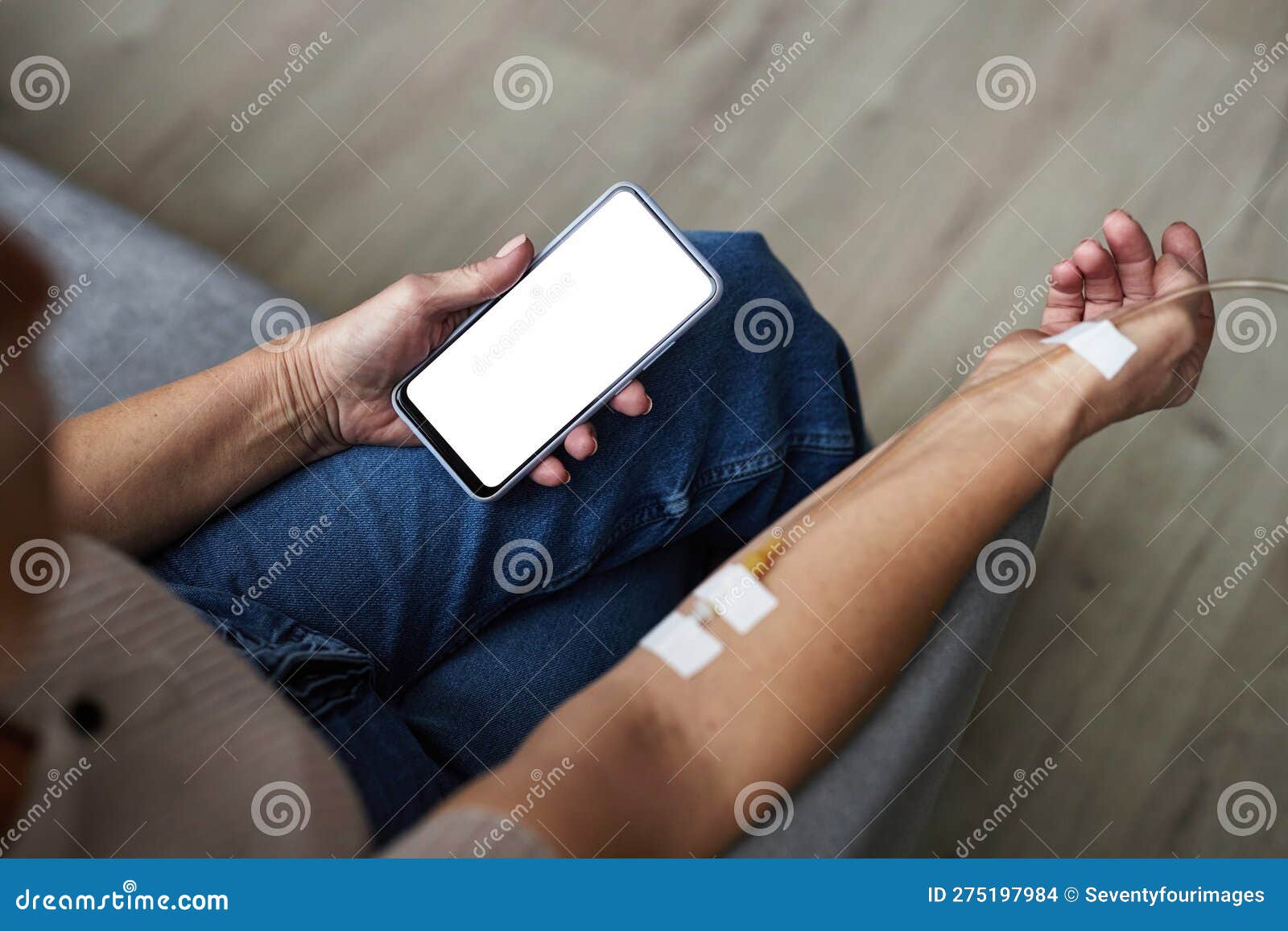 Closeup of Man Using Smartphone Screen Mockup during IV Drip Treatment ...