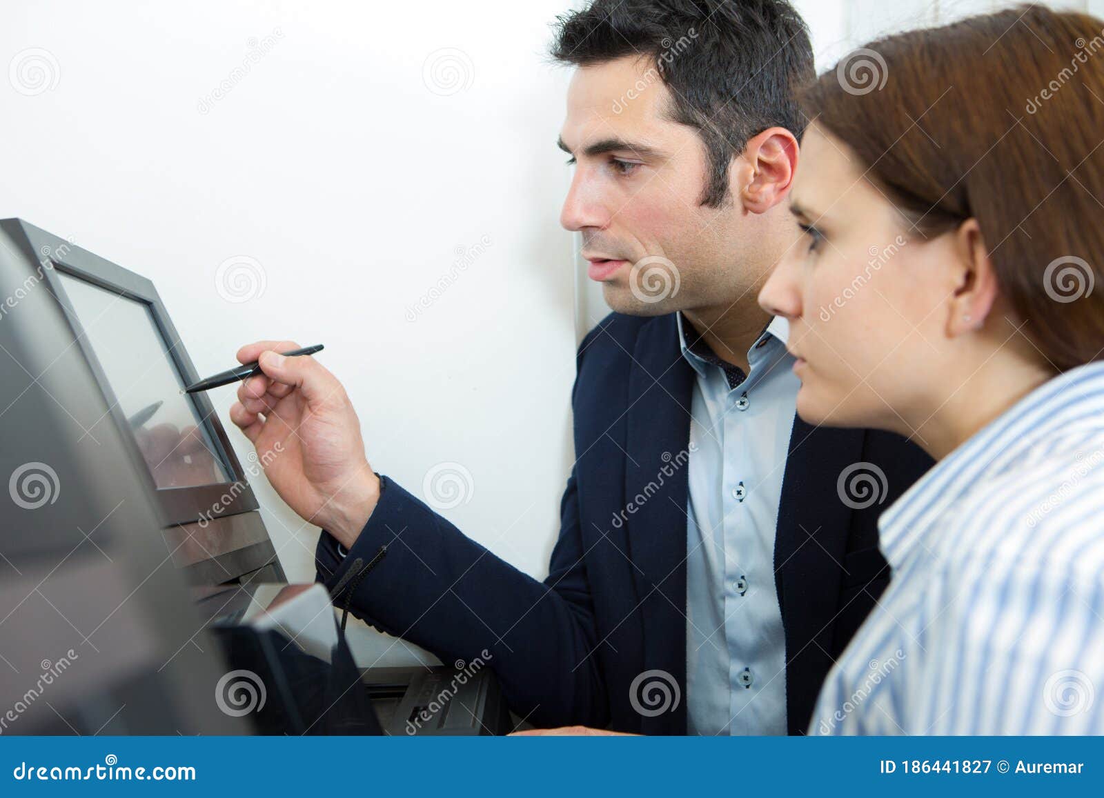 Closeup Man and Woman Pointing To Screen Stock Image - Image of mockup ...