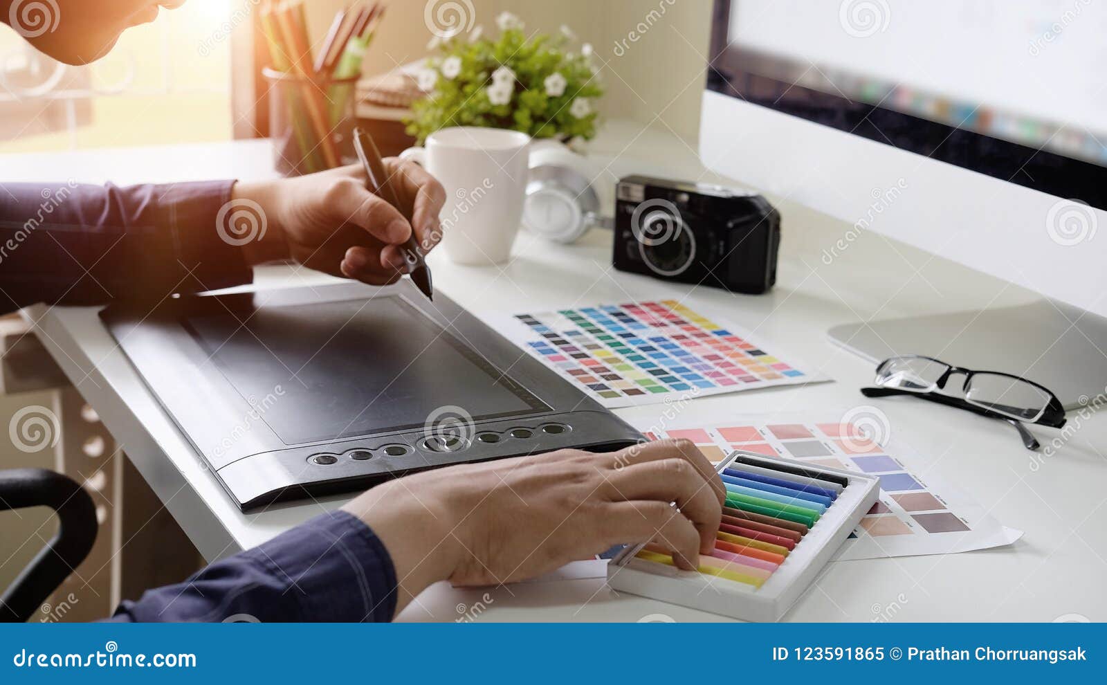 Closeup Man Working Graphic Designer Job on Workplace. Stock Image ...