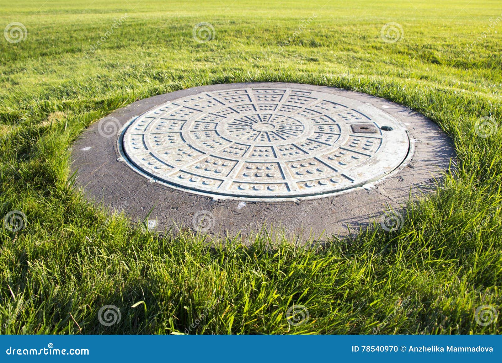 Closeup of a Manhole and Green Grass Stock Photo - Image of plate ...
