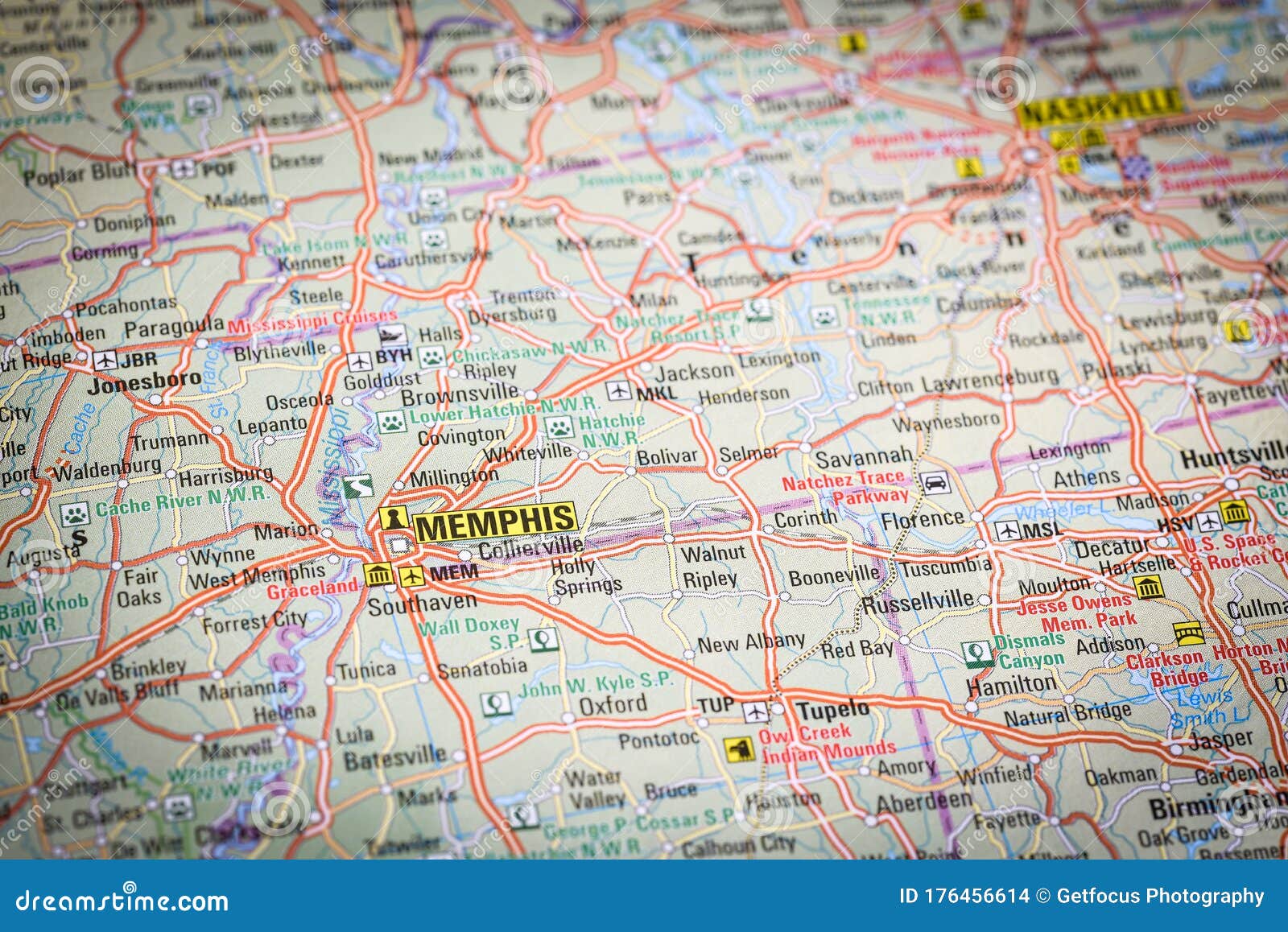 Closeup of Memphis on map stock photo. Image of geography - 176456614