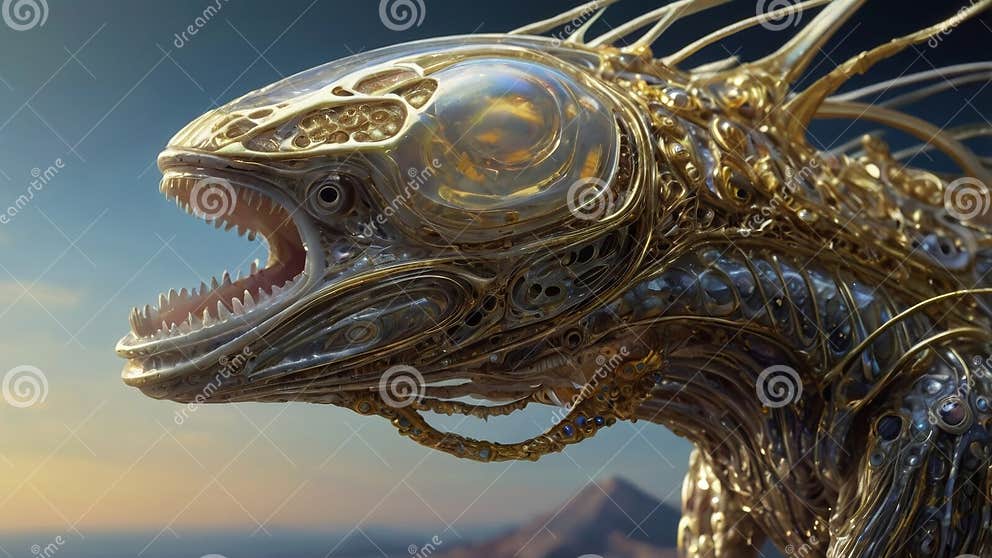 Closeup of a Metallic Biomechanical Creature with Sharp Teeth Stock Illustration - Illustration ...
