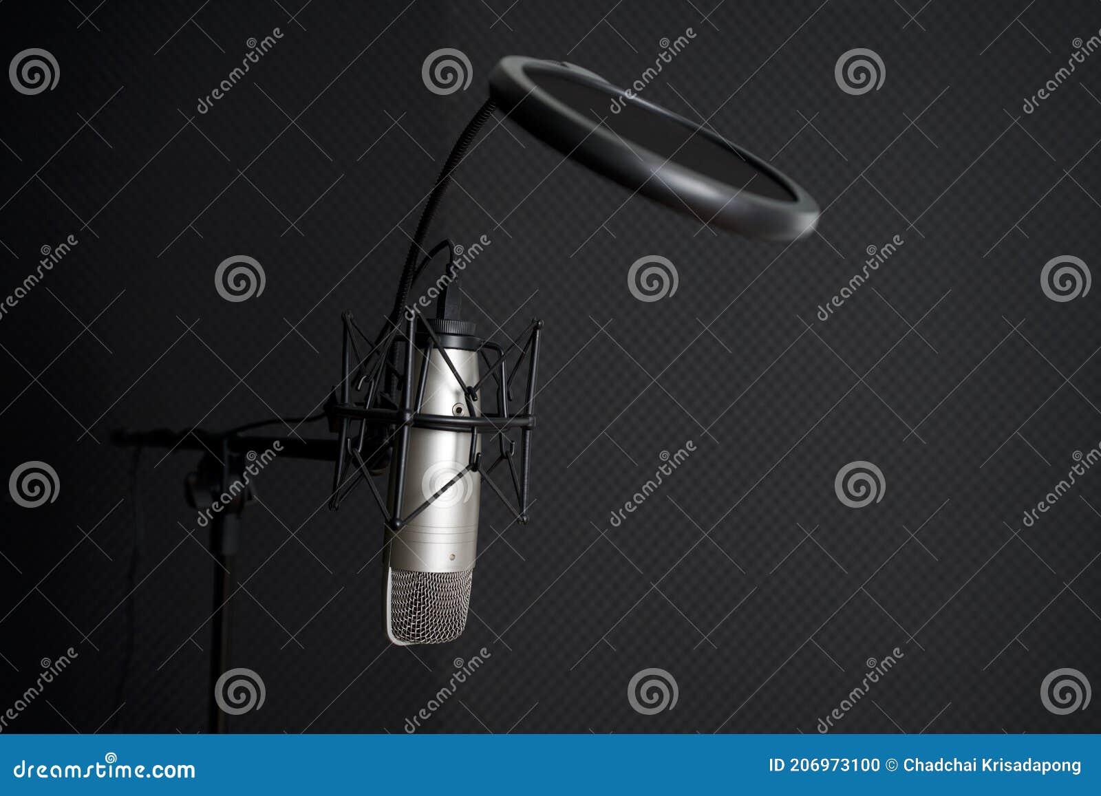 Closeup Microphone on a Stand in Front of Black Soundproof Wall in ...