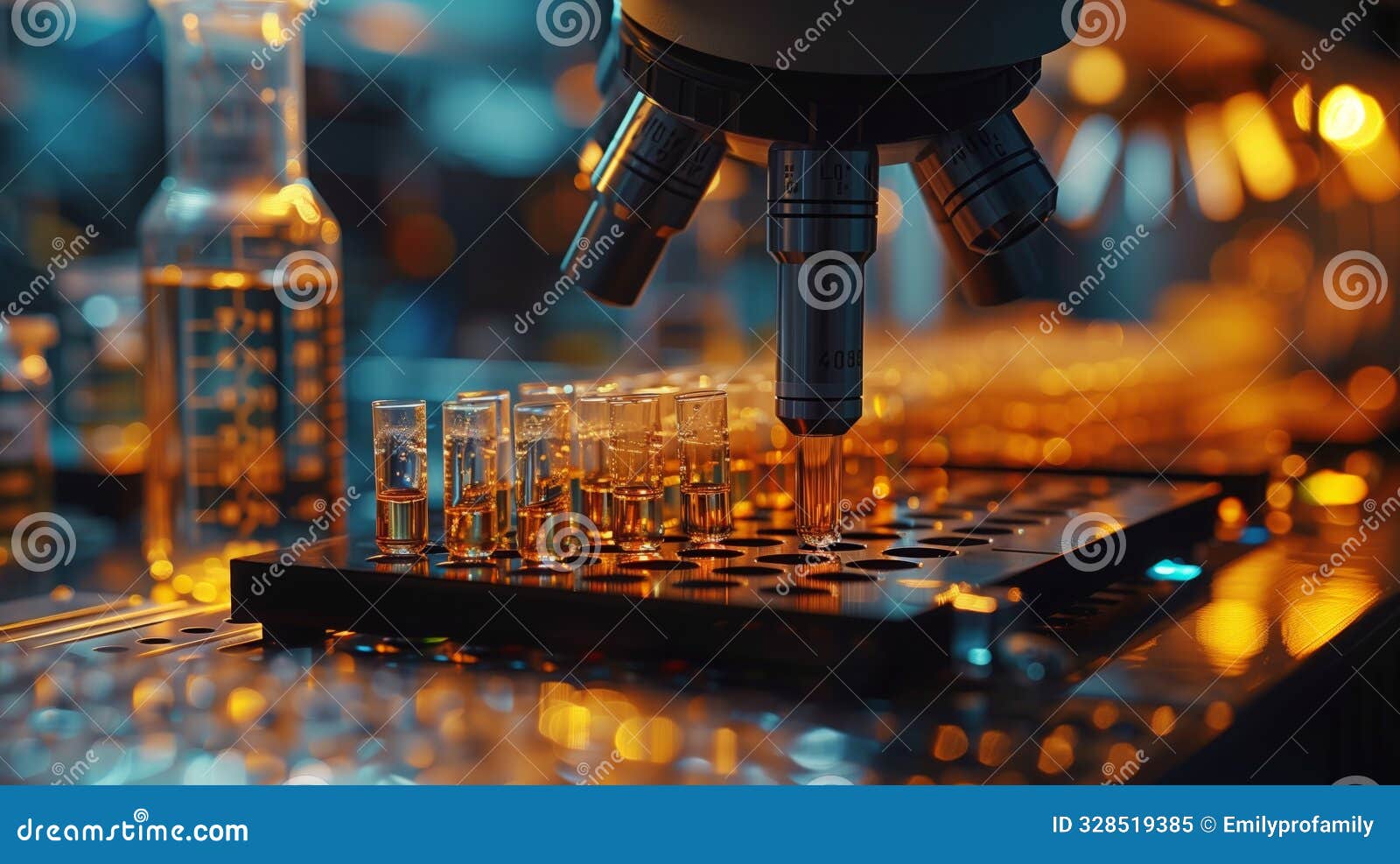 Closeup of Microscope Examining Test Tubes in a Laboratory Stock Image ...