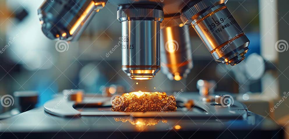 Closeup of a Microscope Lens Focusing on a Sample in a Laboratory ...