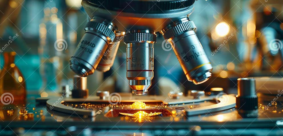 Closeup of a Microscope Lens Focusing on a Sample in a Laboratory ...