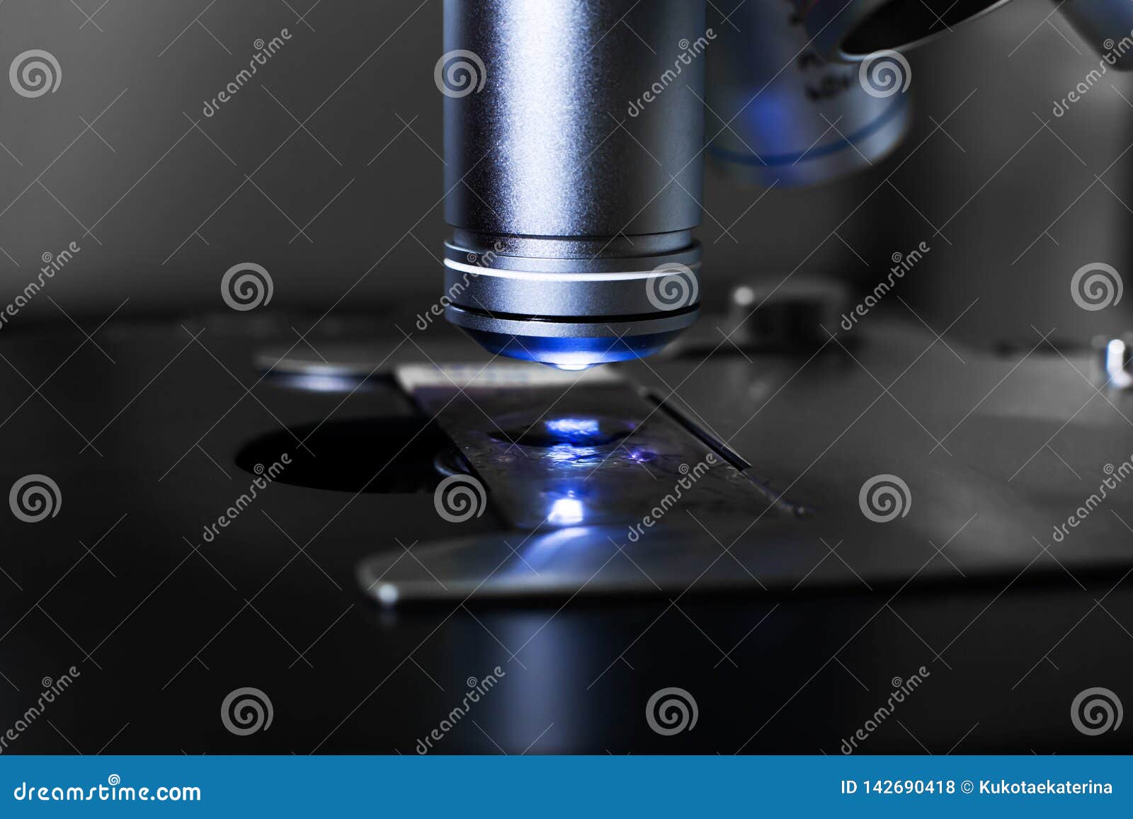 Closeup Microscope Lens On Gray Background In Laboratory Stock ...