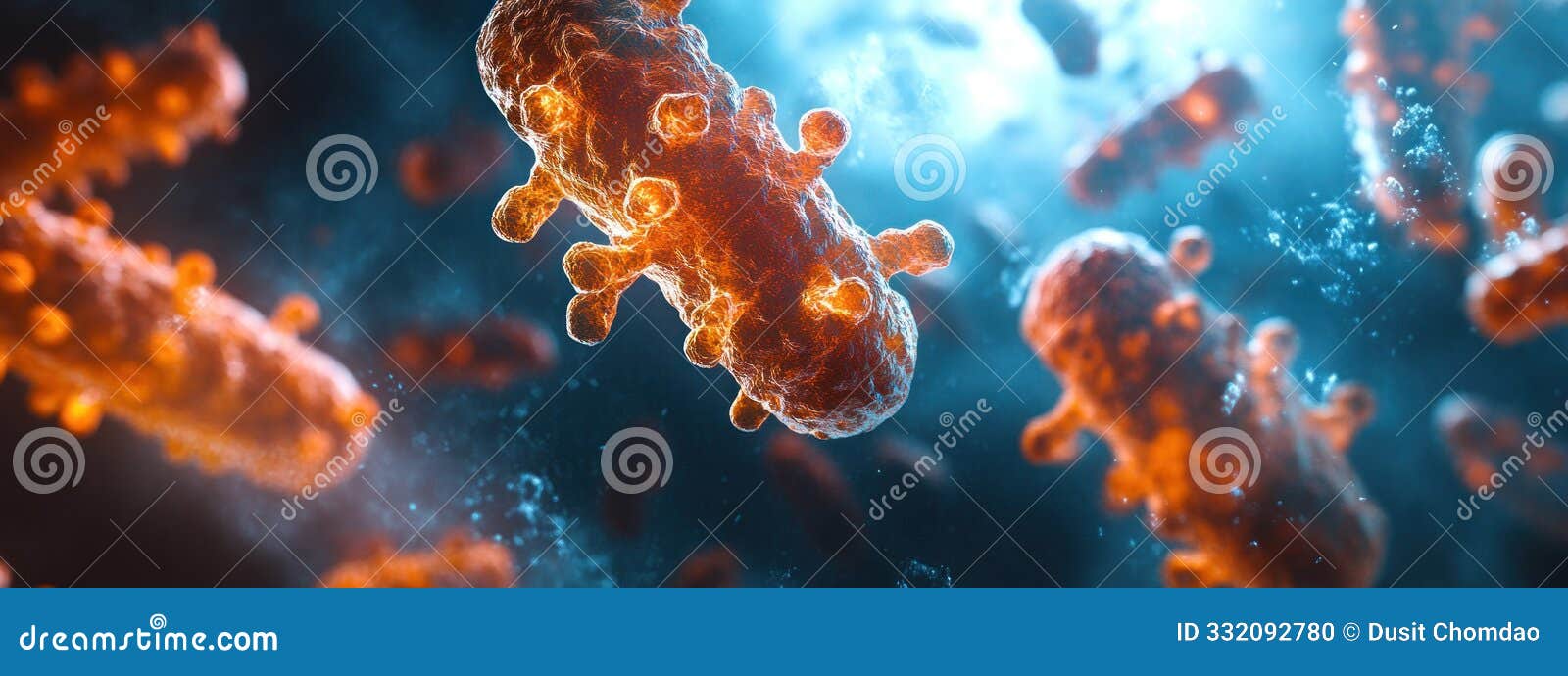 Closeup Microscopic Bacteria Background on Blue and Yellow Glow Neon ...