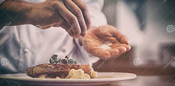 Closeup Mid Section of a Chef Putting Salt Stock Image - Image of flour ...