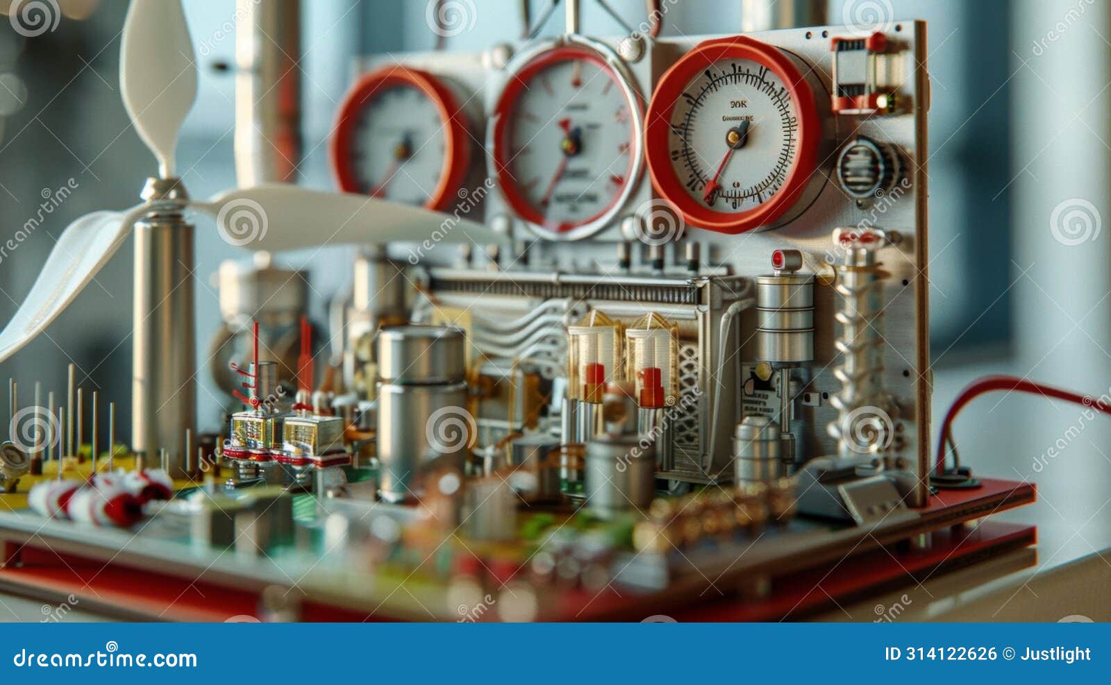 A Closeup of the Miniature Turbines Control Panel with Gauges and Dials ...