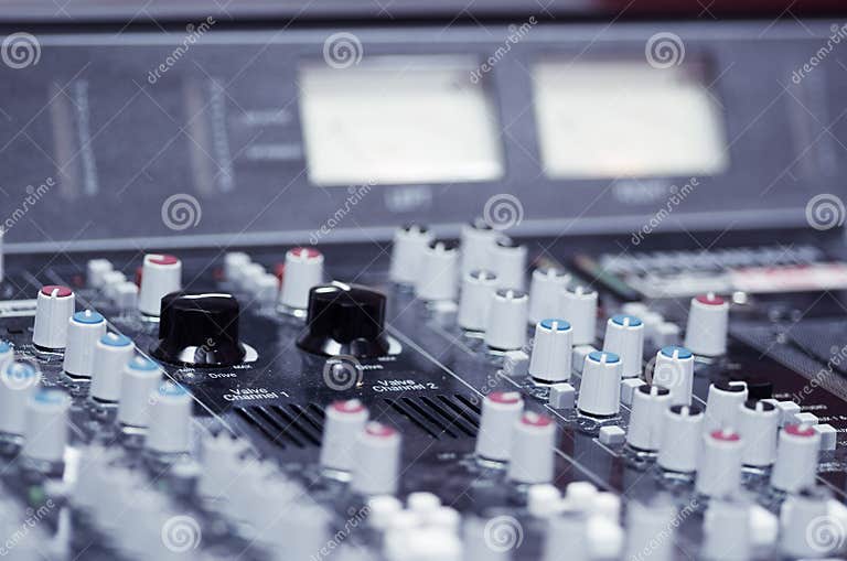 Closeup Mixing Faders and Knobs As Seen from Above Side Angle, Artistic ...