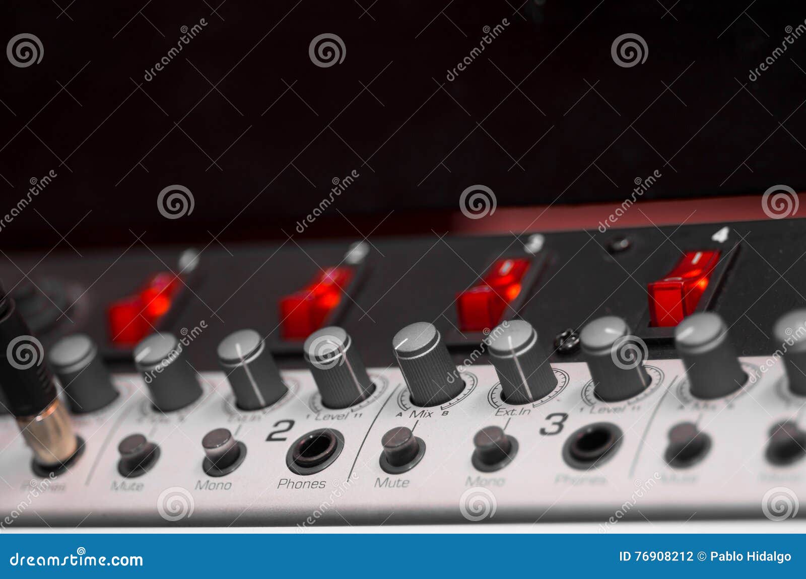 Closeup Mixing Faders and Knobs As Seen from Above Side Angle, Artistic ...