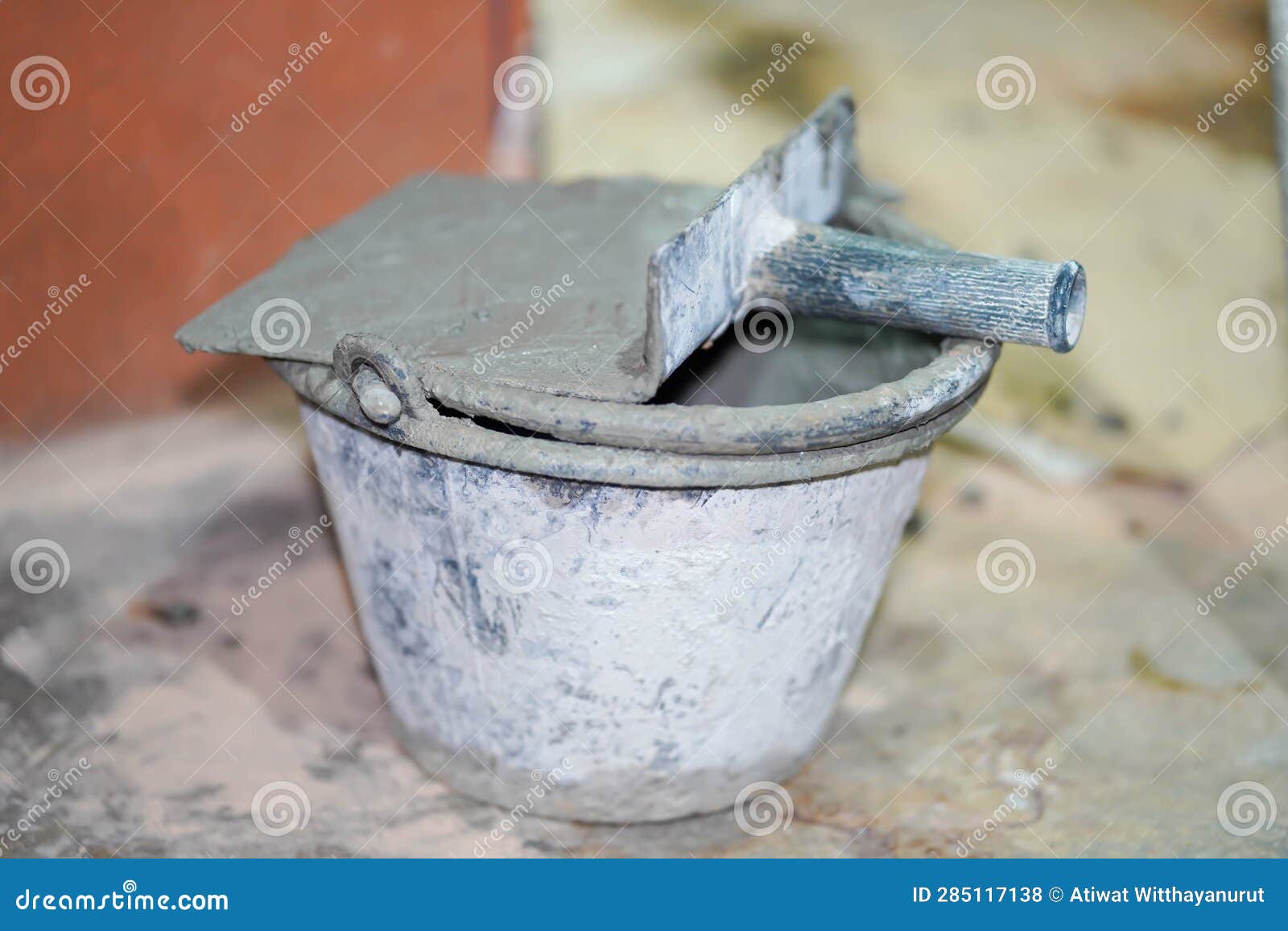Closeup Mortar Pan for Plastering Walls with Cement Bucket in ...