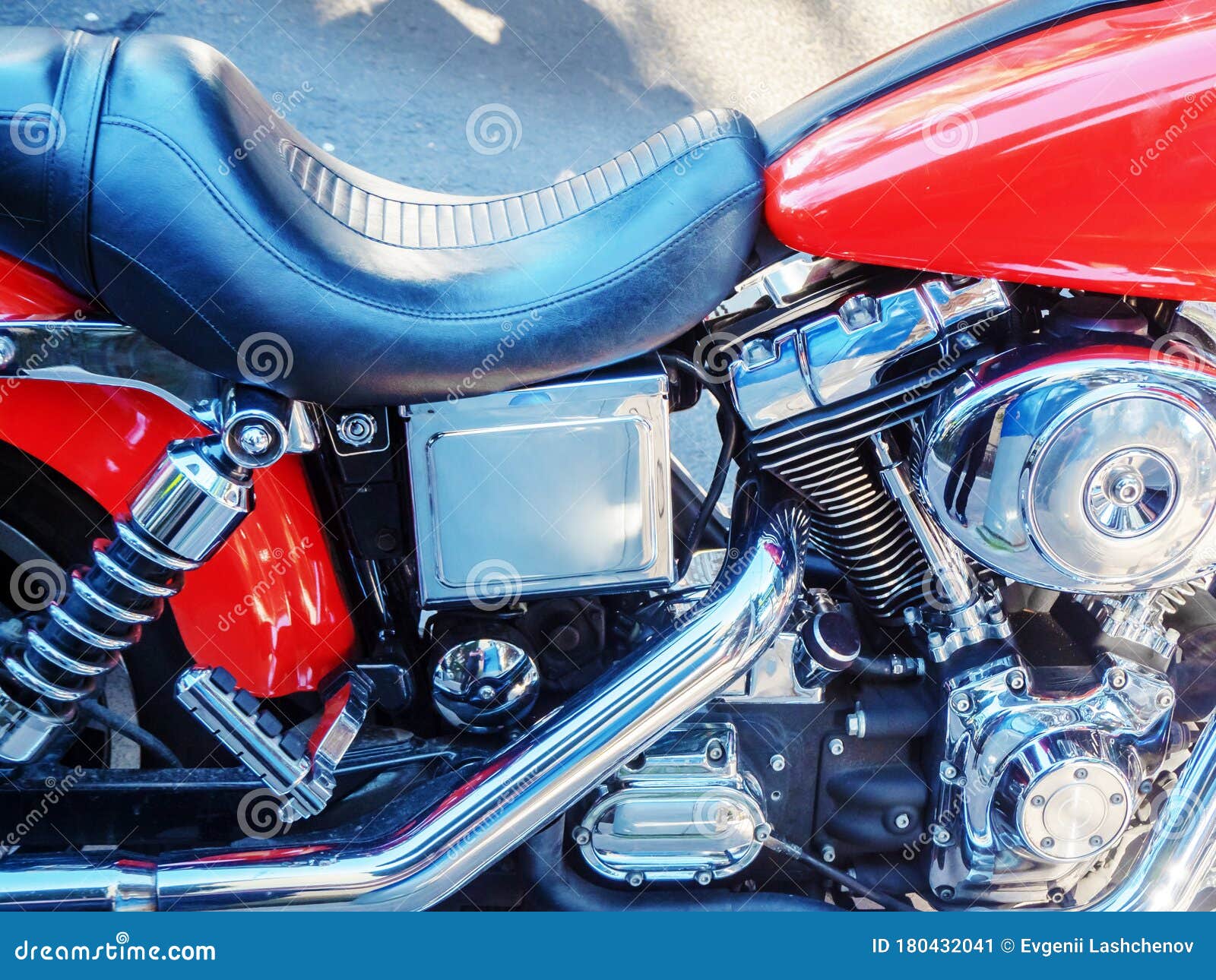 Closeup Motorcycle Engine Side View Reflective Metal and Black Leather ...