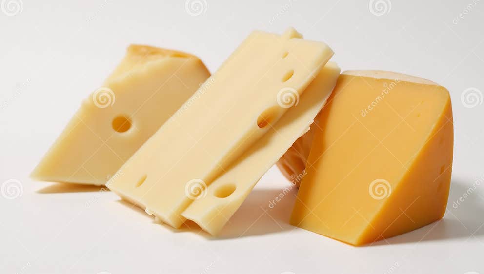 Closeup of Multiple Swiss Cheeses Displayed on a White Backdrop Stock ...
