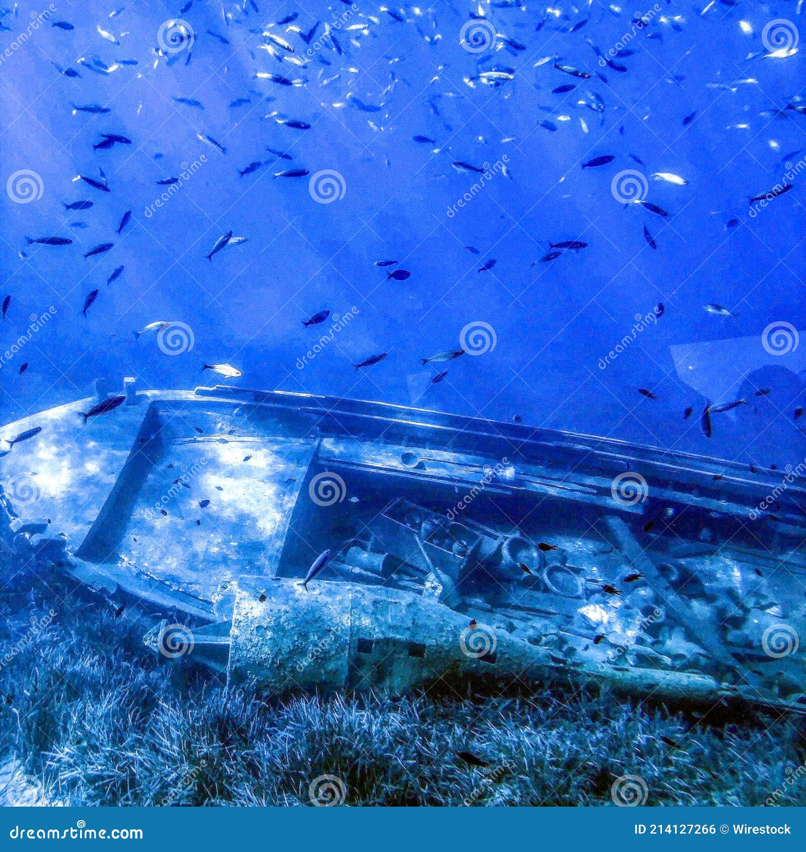 Closeup of a Mysterious Drowned Boat Abandoned Underwater Stock Photo ...