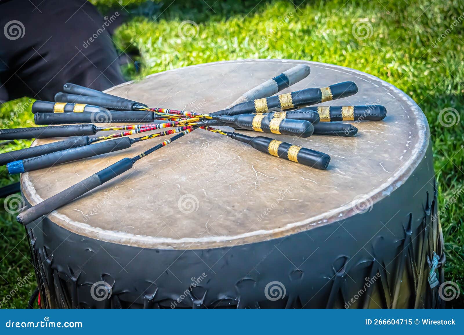 Closeup of the Native American Drum with Colorful Mallets on the Grass ...