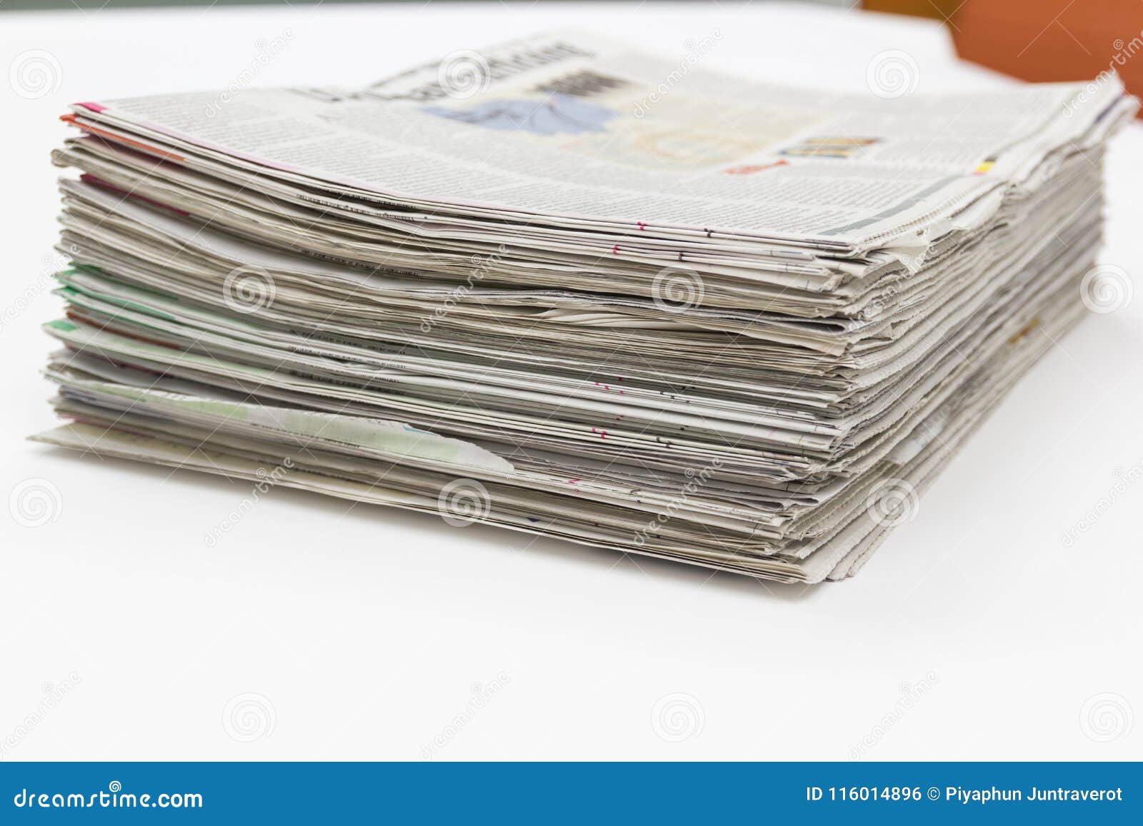 Newspaper Stack on White Table Stock Photo - Image of headline, front ...