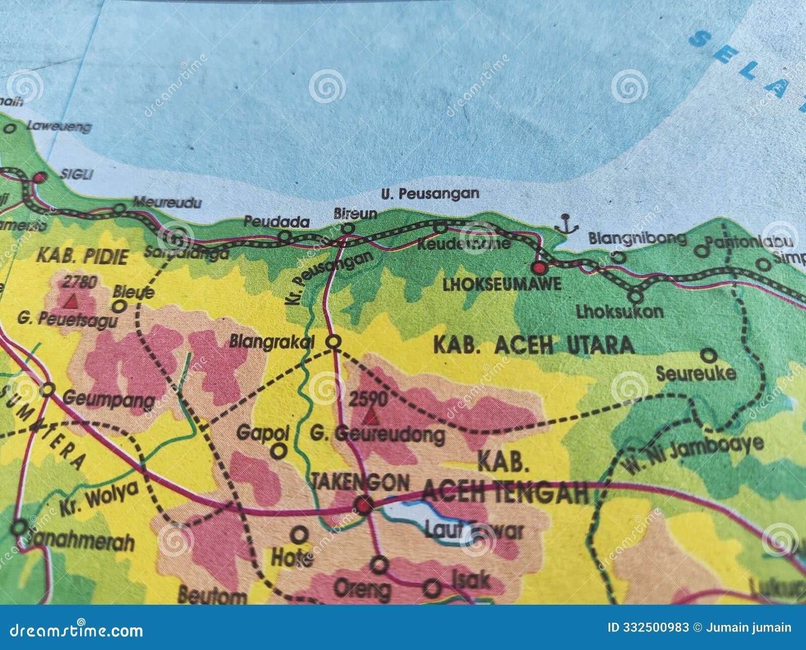 North Aceh Map and Major Cities Around it on Physical Map Stock Image ...