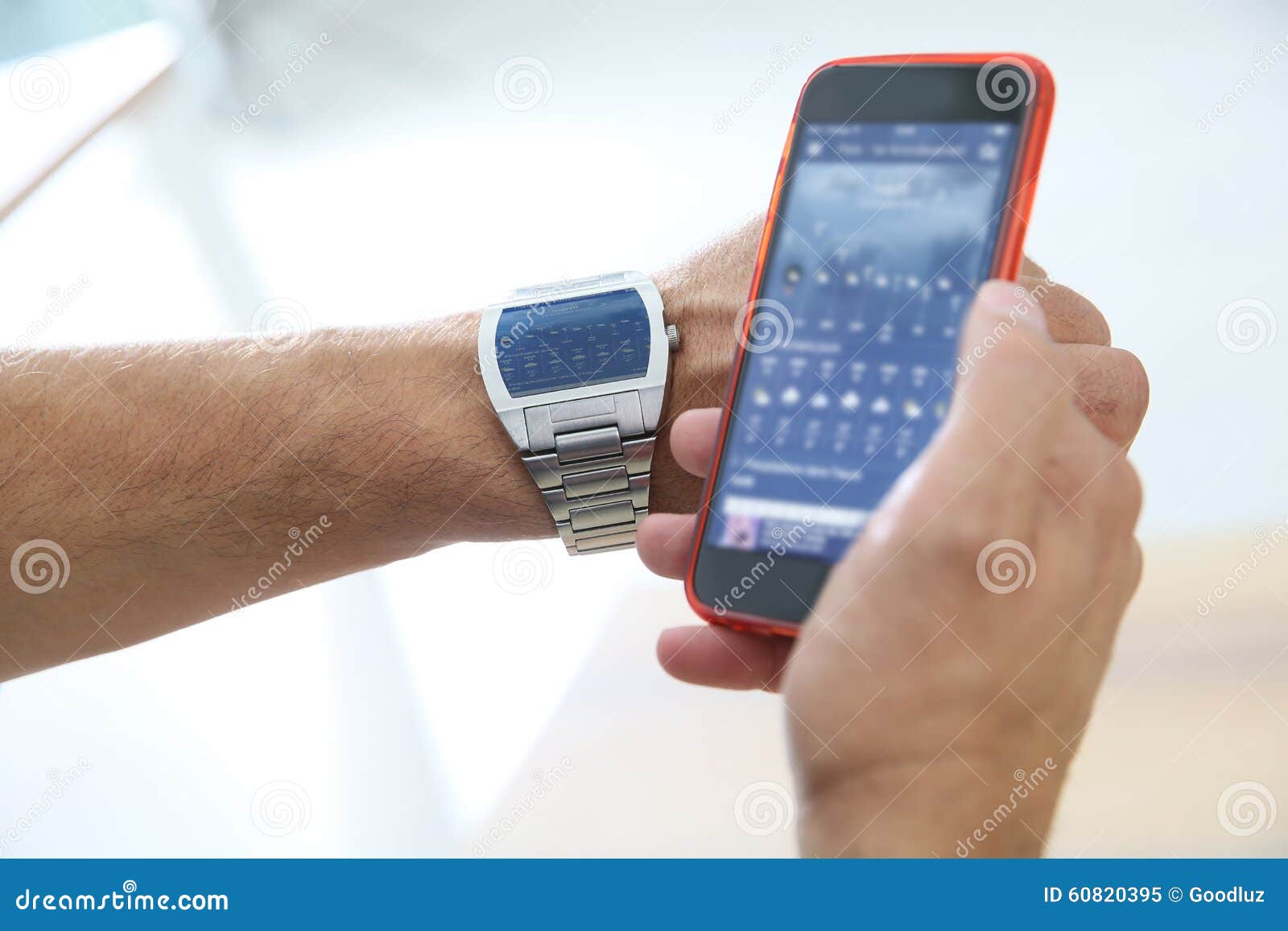 Closeup Od Smartwatch and Smartphone Synchronizing Stock Image - Image ...