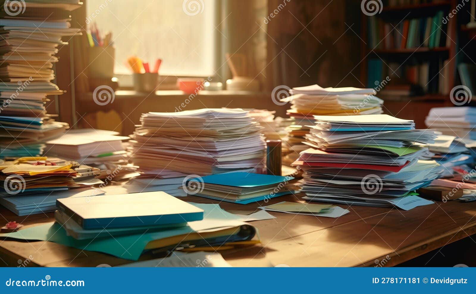 Closeup Office Table with Organized Stacked Papers. Generative AI Stock ...