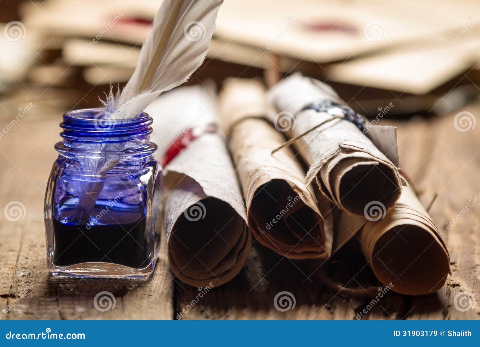 Closeup of Old Scrolls and Blue Ink in the Inkwell Stock Image - Image ...
