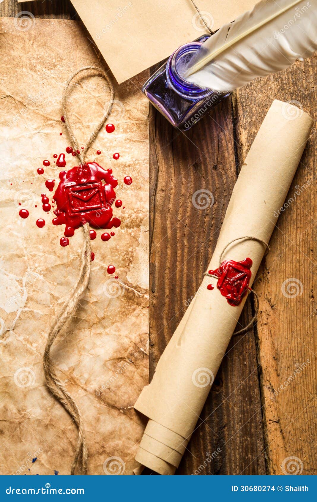 Closeup of Old Scrolls, Sealing Wax and Blue Ink Stock Photo - Image of ...