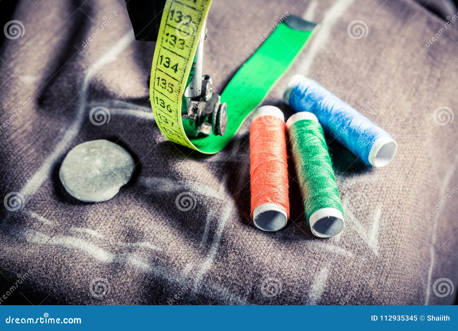 Old Sewing Machine with Needle, Tailor Tape and Threads Stock Image ...