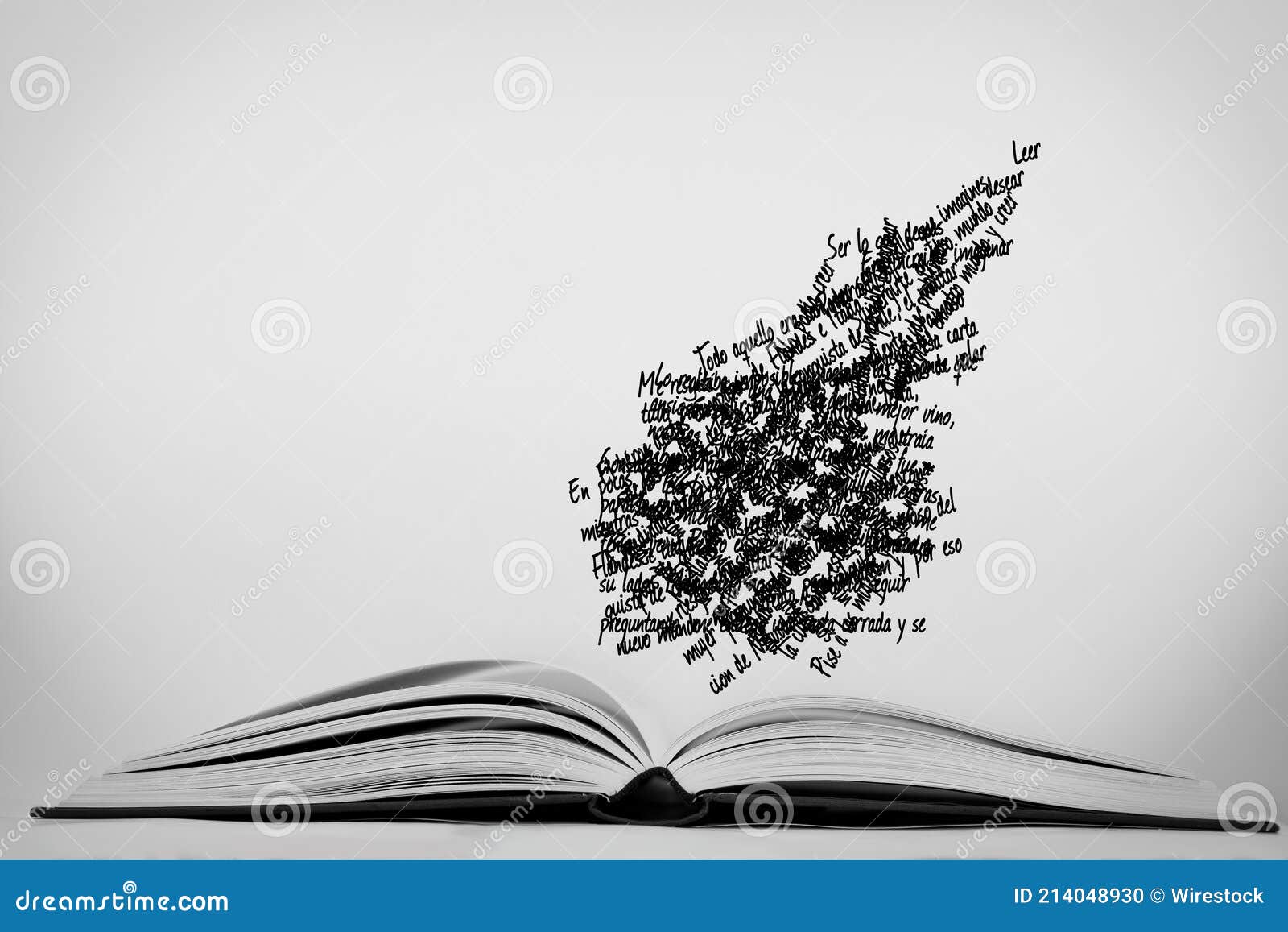 Closeup of an Open Book with Flying Words Stock Photo - Image of ...