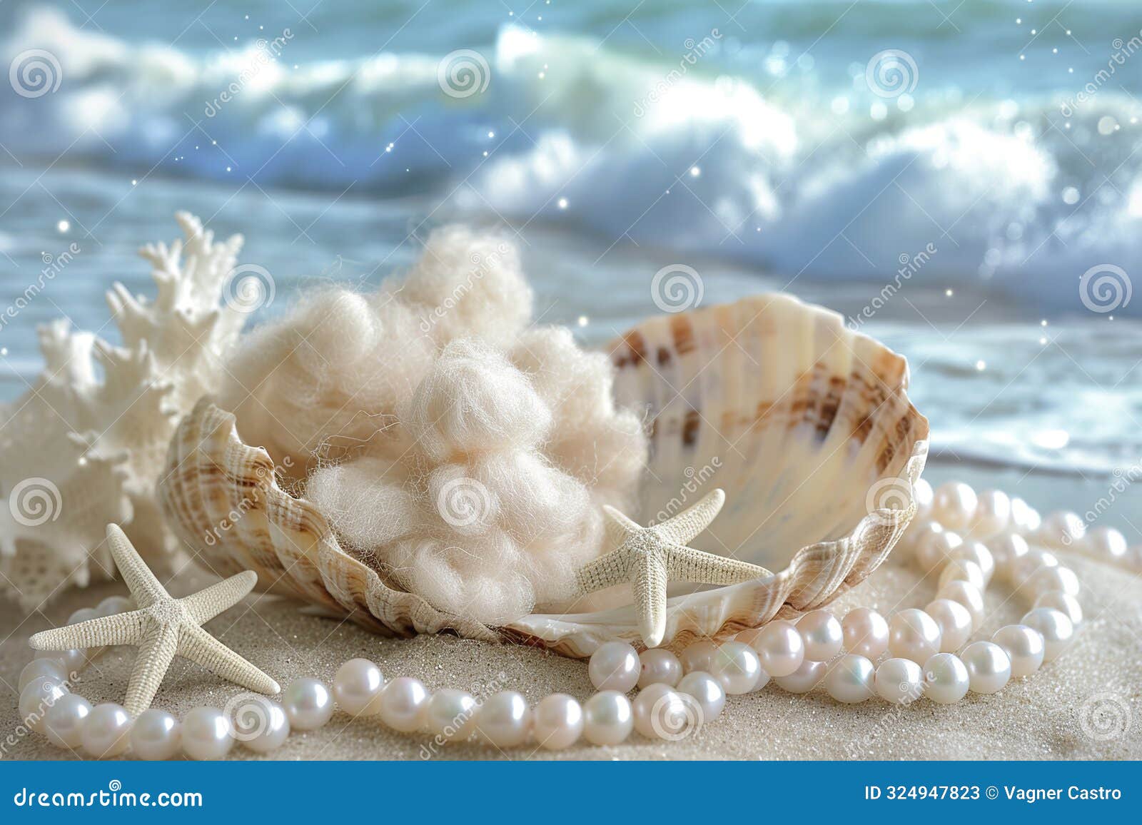 Closeup of Open Seashell with Fluffy White Woolly Cloud Inside on White ...