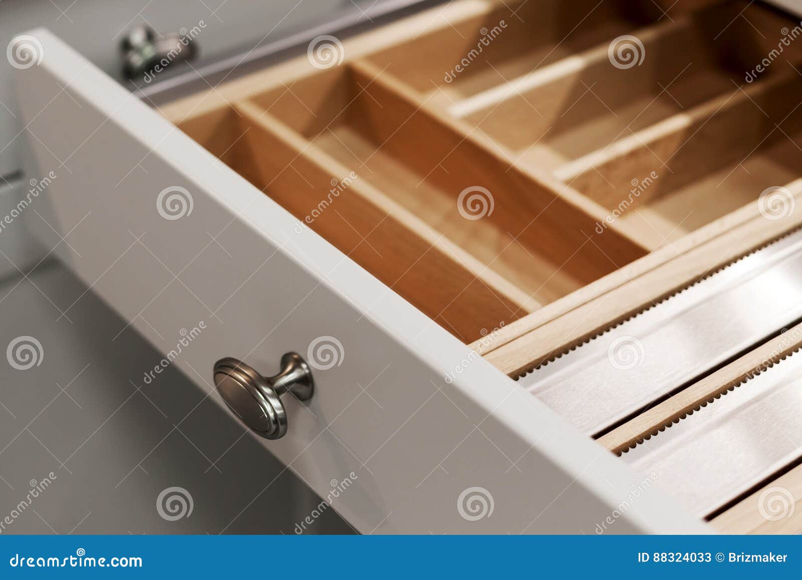 Closeup of Open Wooden Drawer for Cutlery. Stock Image - Image of close ...