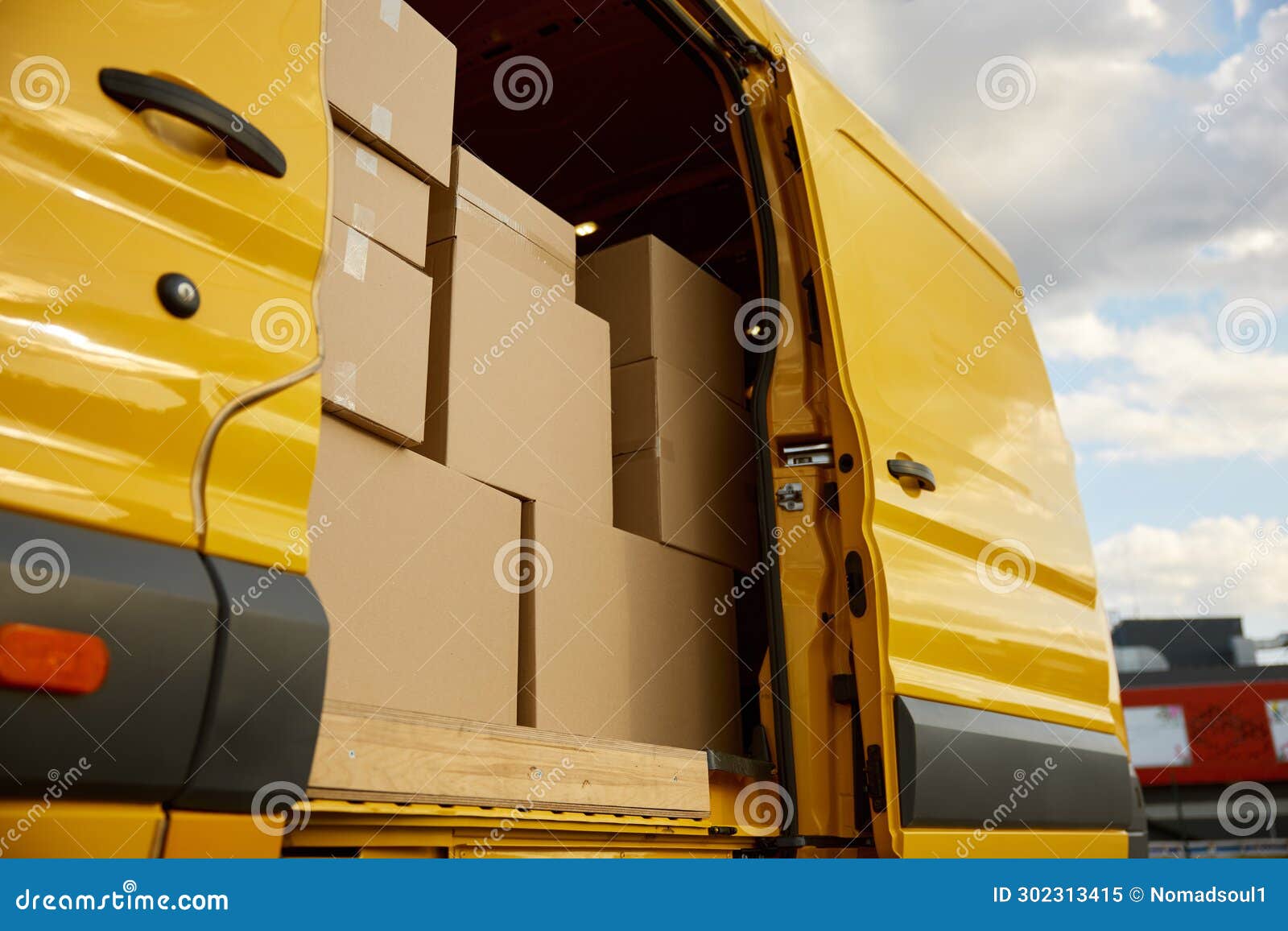 Closeup Opened Mini Van Doors and Cardboard Parcel Boxes Inside Stock ...